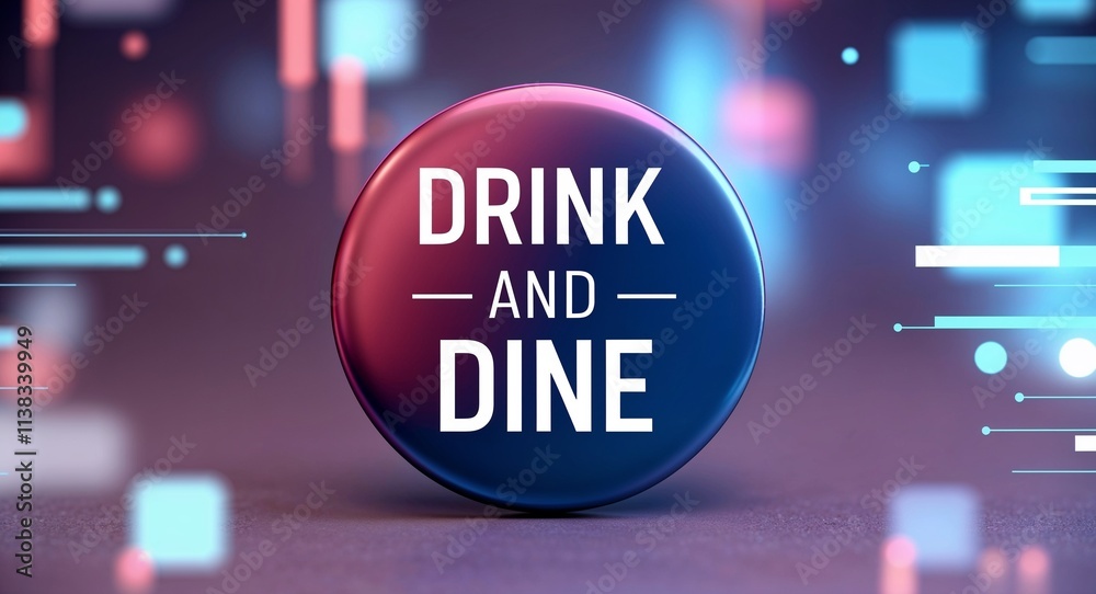 drink and dine word lettering on a button in digital tech blur ...