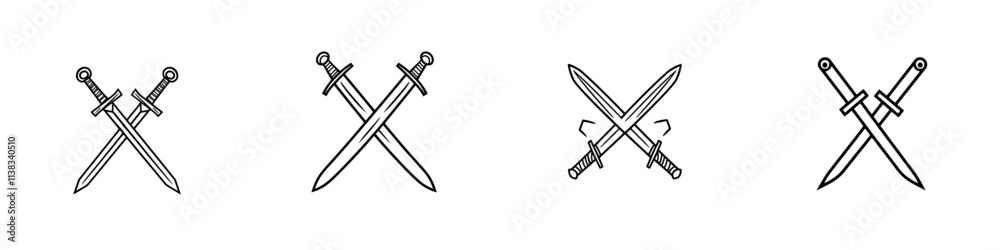 A vintage engraving of three medieval swords crossed, depicted in black ...