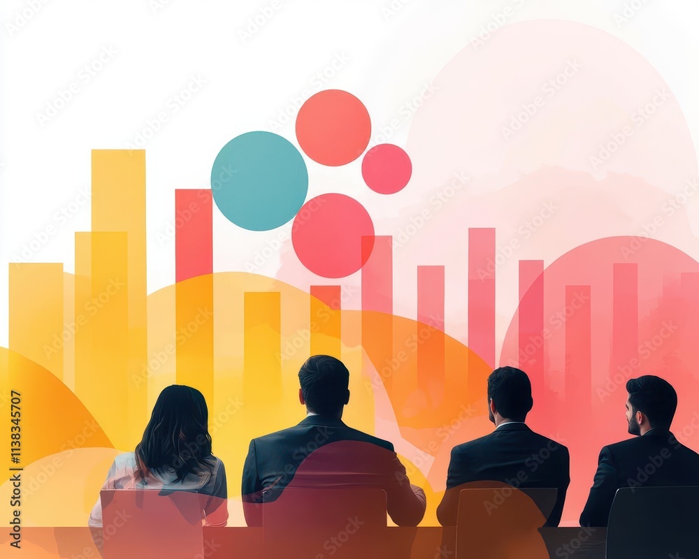 Team of executives brainstorming in a vibrant meeting room, floating 3D ...