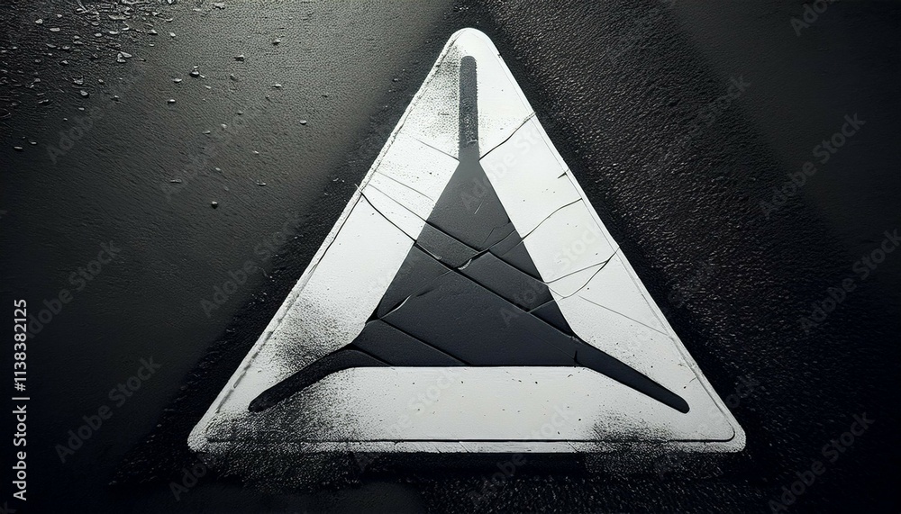 triangular traffic sign depicted in white paint on asphalt surface ...