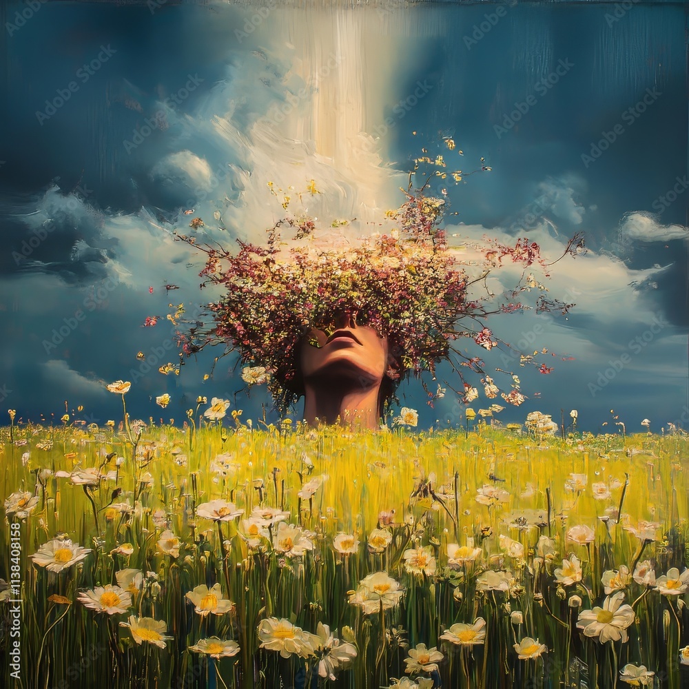 Surreal illustration of a human head sprouting flowers and plants ...