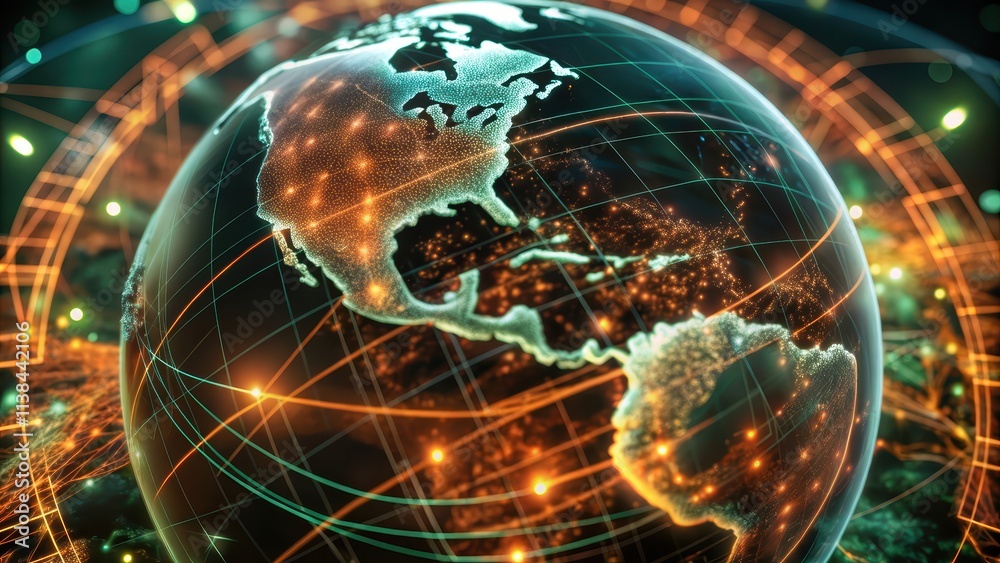Futuristic Glowing Digital Globe, Global Connectivity, Cyber Network, World Map Visualization ...