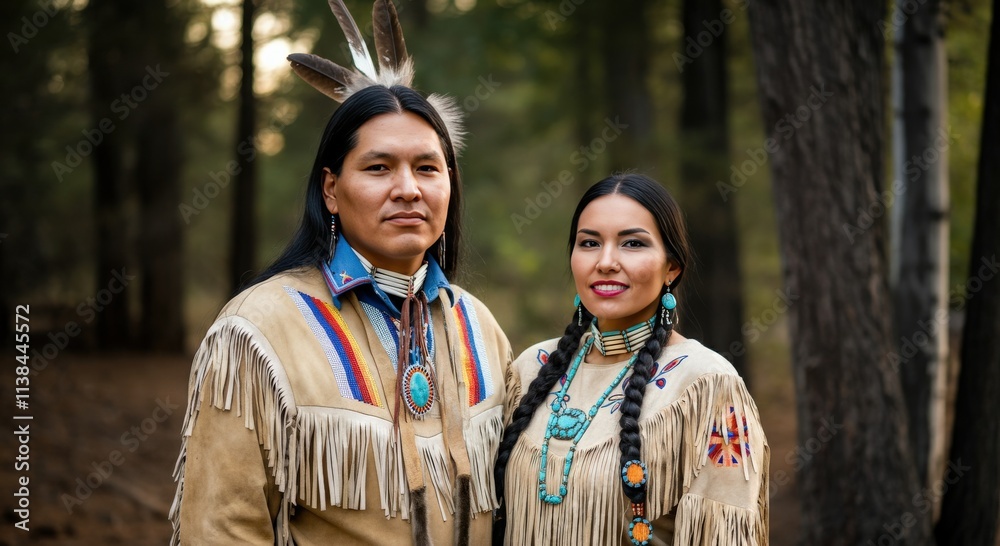 Native american couple in traditional attire amidst forest setting for ...