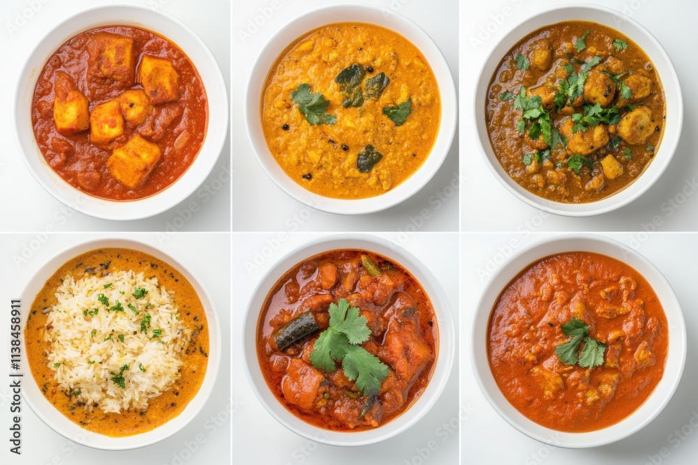 Dishes of Indian curry varieties served in white bowls, including ...