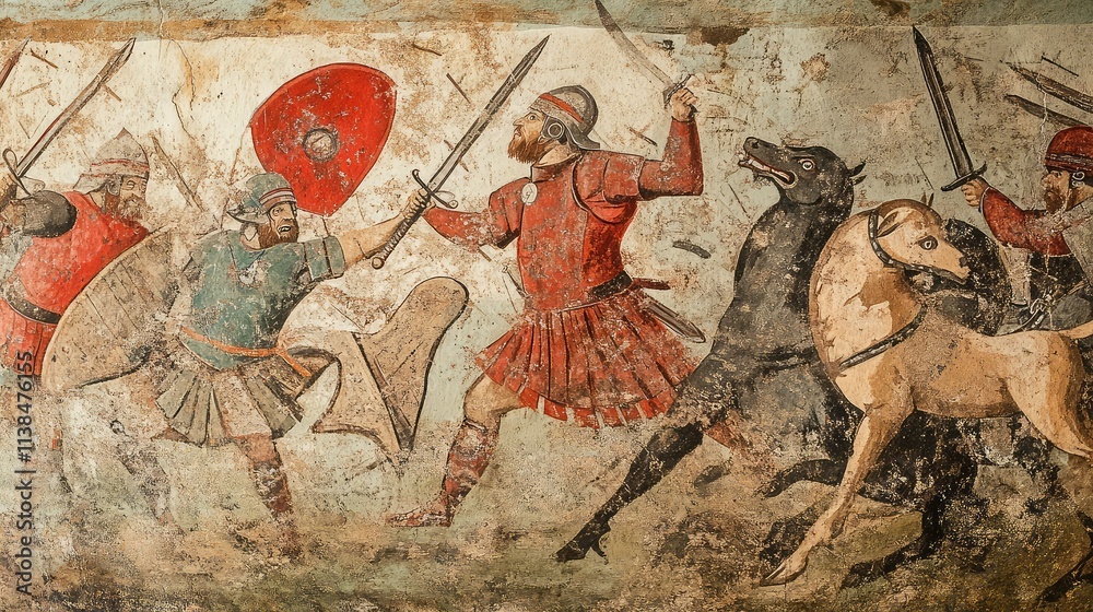 Historic Battle Scene Depicted in Ancient Wall Painting Featuring ...