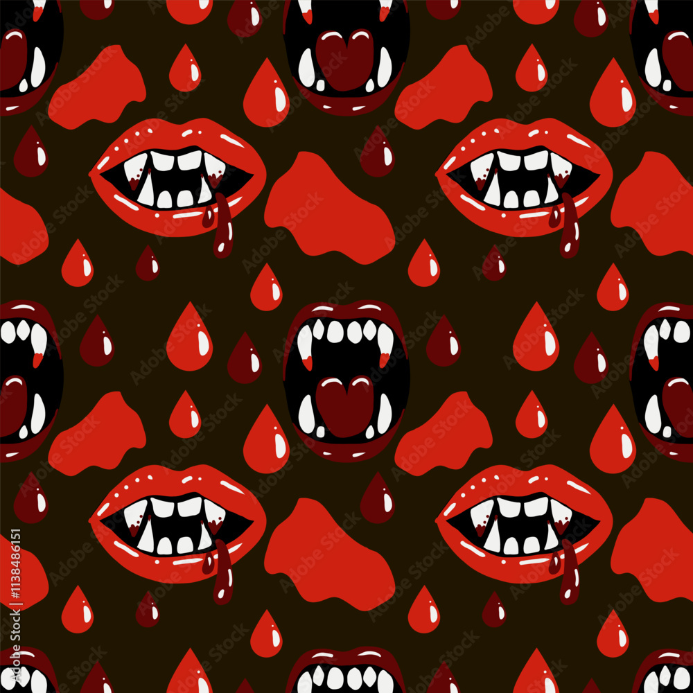 A pattern of vampire teeth and drops of blood. Scene is dark and creepy ...