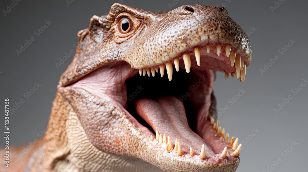 T-Rex Roar: A close-up of a Tyrannosaurus Rex's ferocious roar, showcasing its sharp teeth ...