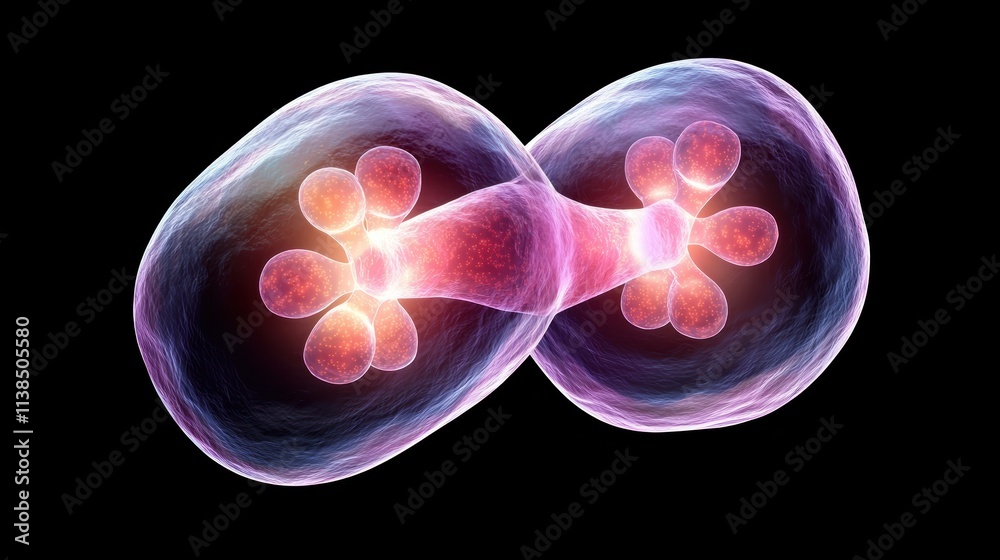 Magnified view of a dividing cell with vibrant organelles glowing ...