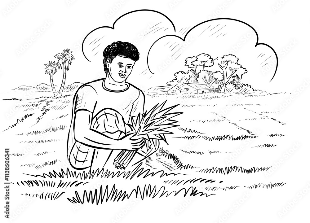 Asian Bangladeshi Farmer collecting crops form crops field. Beautiful ...