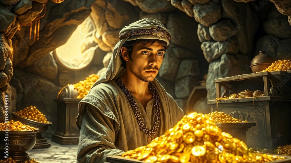 Aladdin in the cave, where there is a lot of gold, the fairy tale is ...