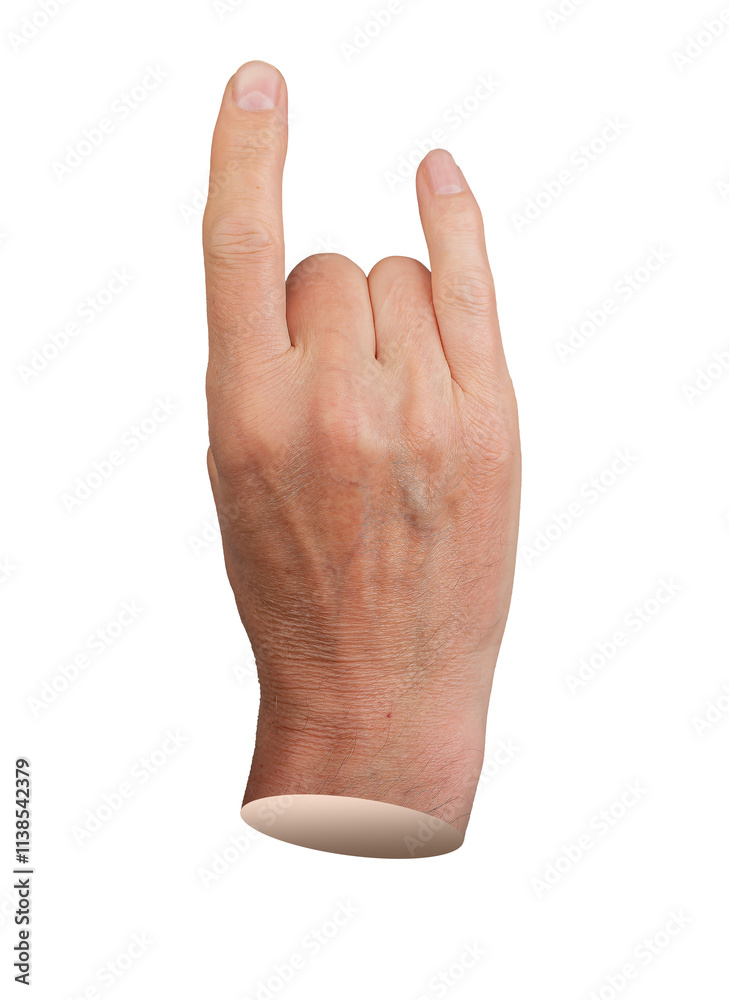 Elderly woman making rock hand sign. Wrinkled hand showing devil horns ...