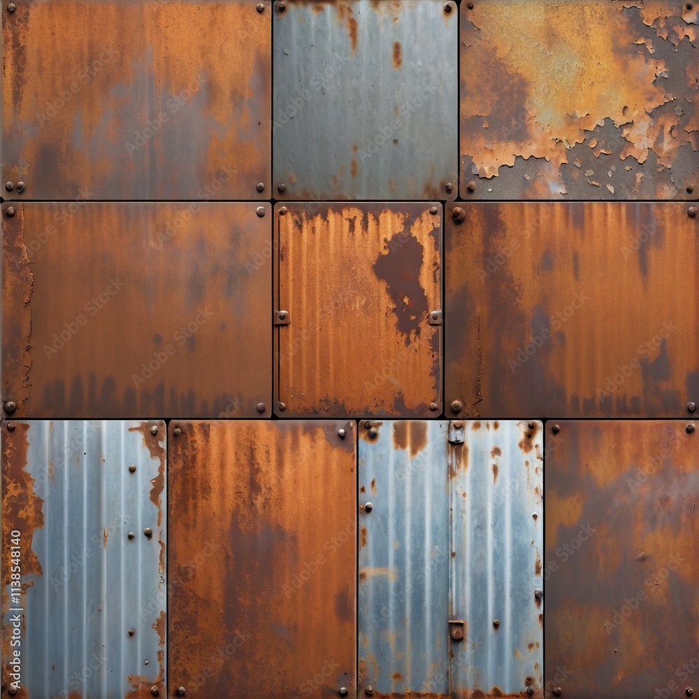 Rusty corrugated metal panels forming an industrial wall background ...