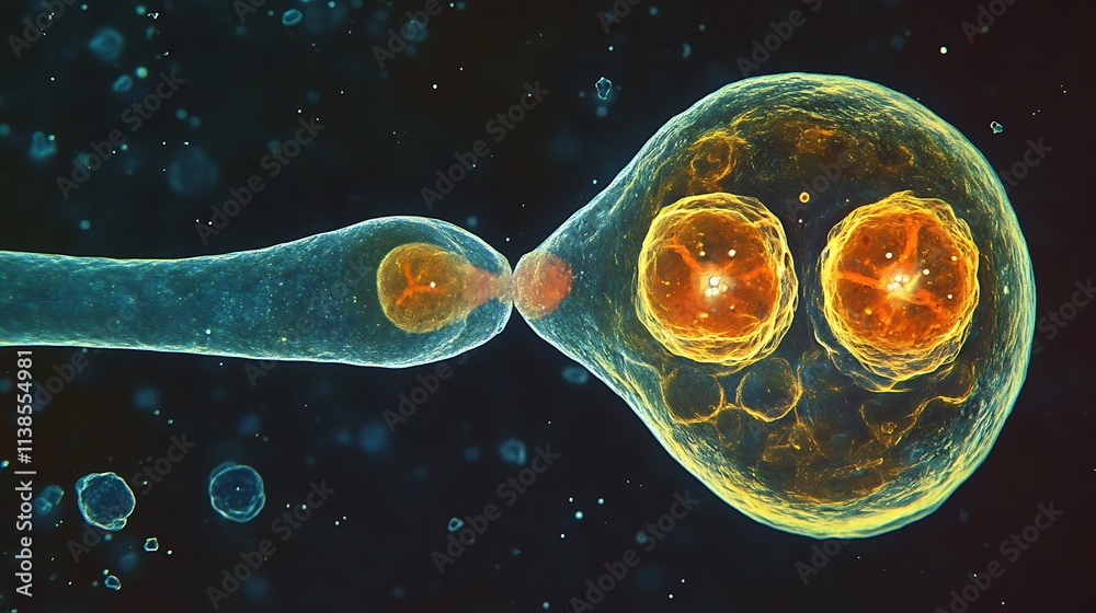 Microscopic view of a zygote dividing into two cells during early ...