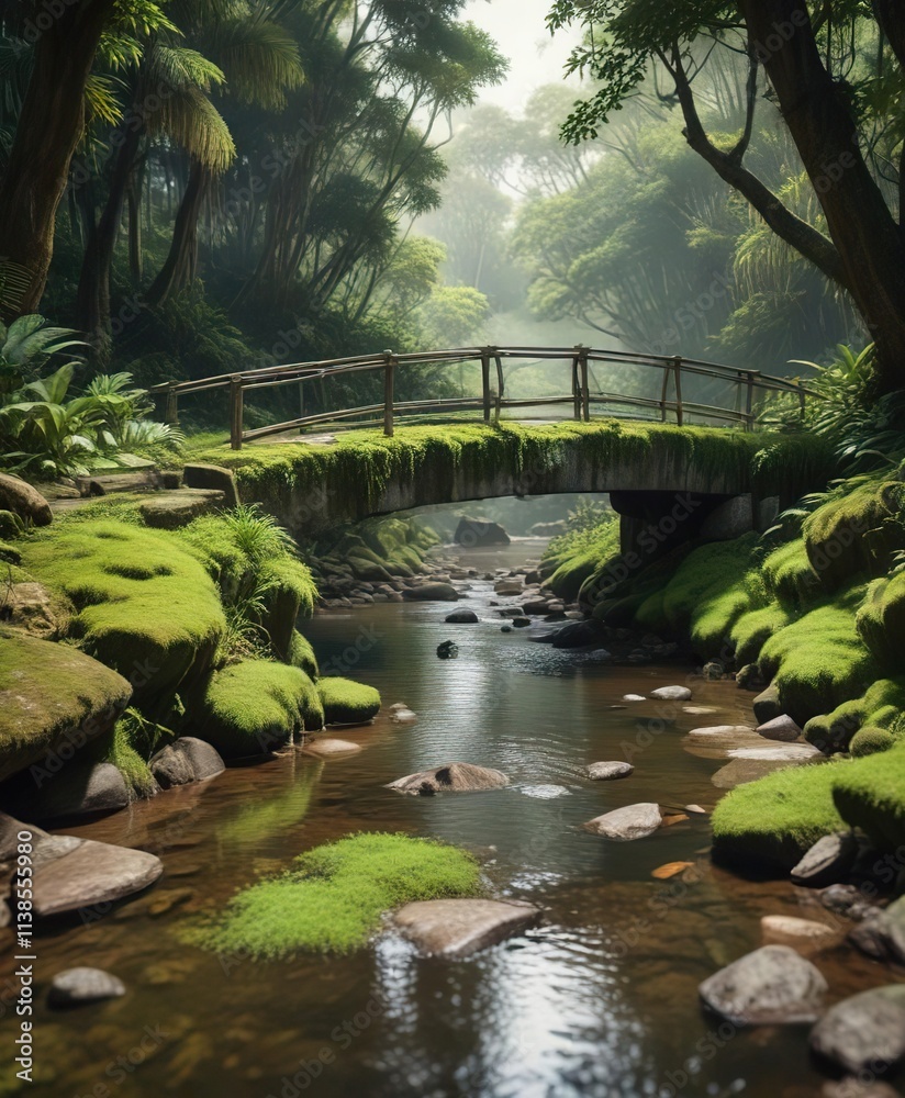 Moss-covered concrete bridge spanning a stream in the Malaysian ...