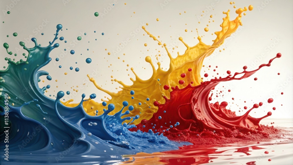 Dynamic paint splashes in vibrant primary colors, red, yellow, and blue ...