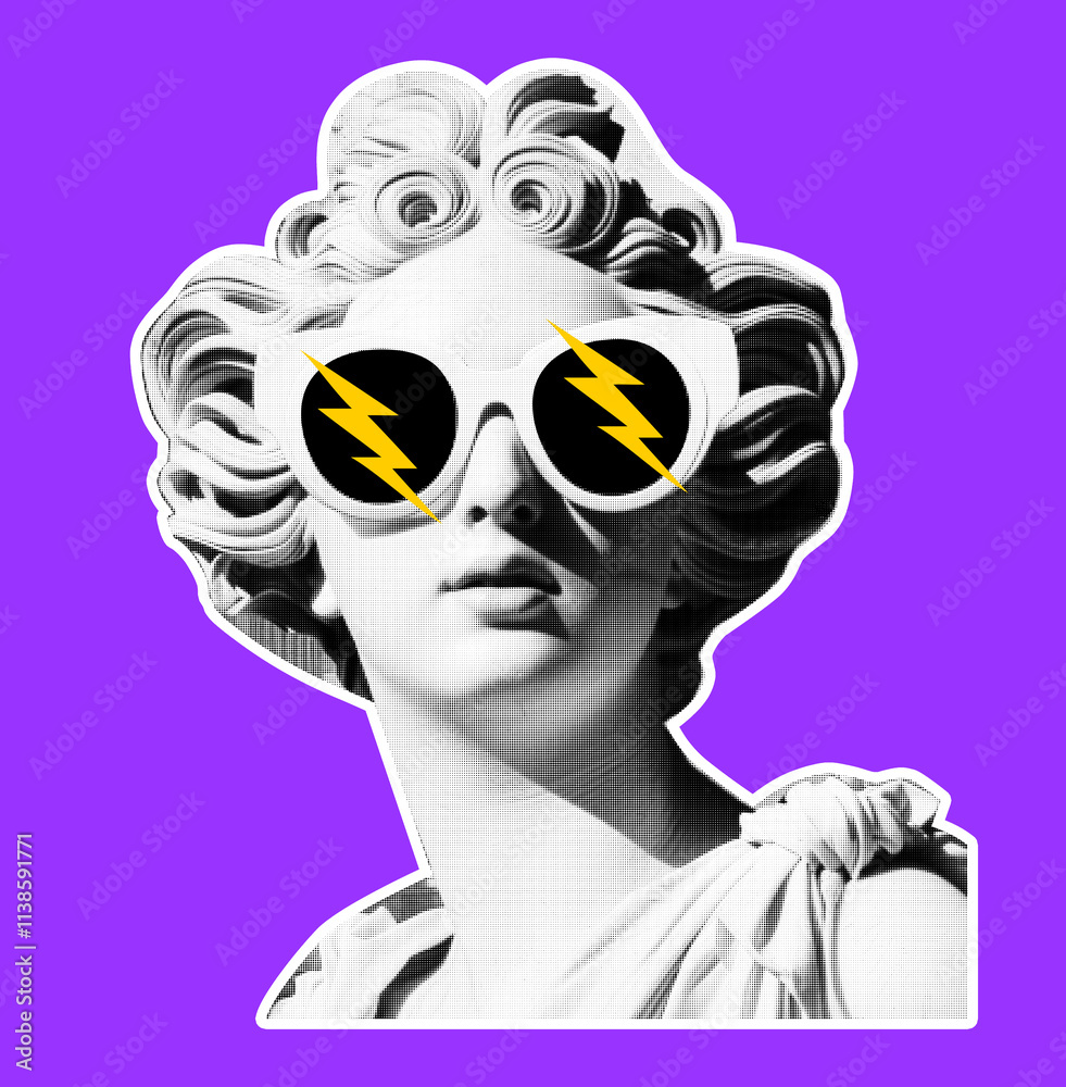 Greece woman face halftone bitmap collage on purple background, Retro ...