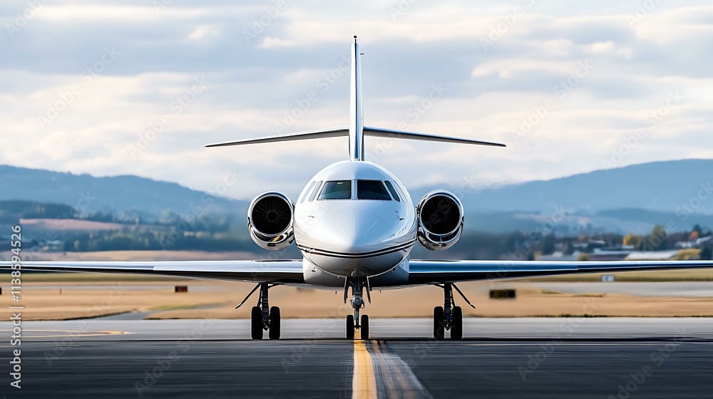 Passenger jet photographed from the front on a runway with a simple and ...