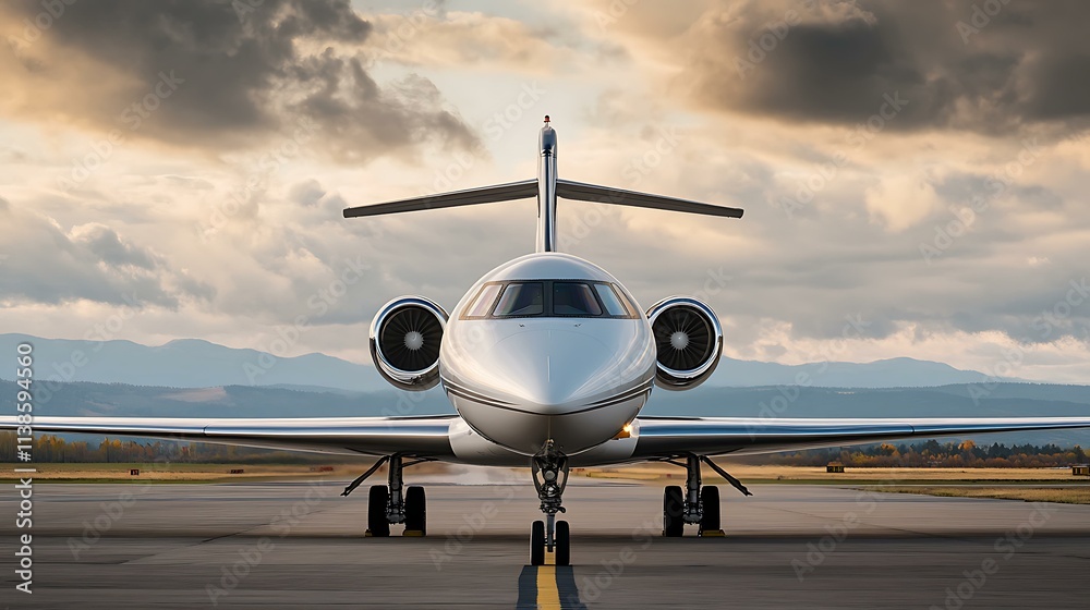 Passenger jet photographed from the front on a runway with a simple and ...