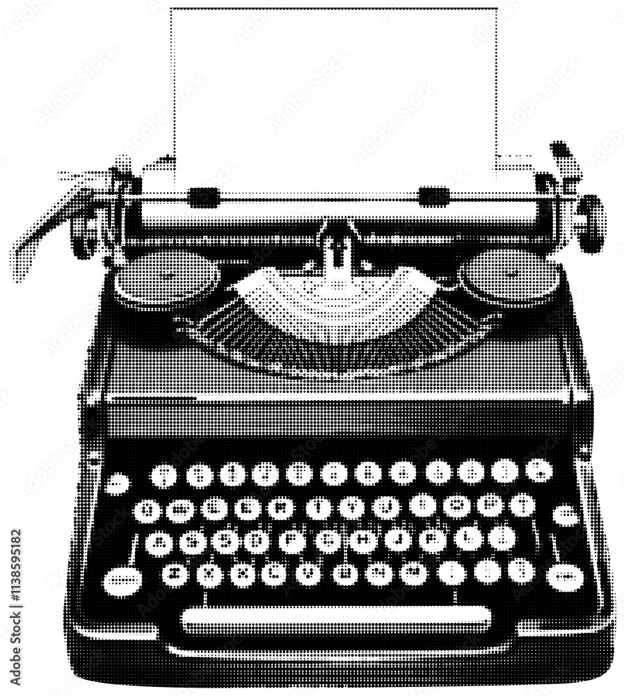 Vintage typewriter halftone bitmap collage element on transparent ...