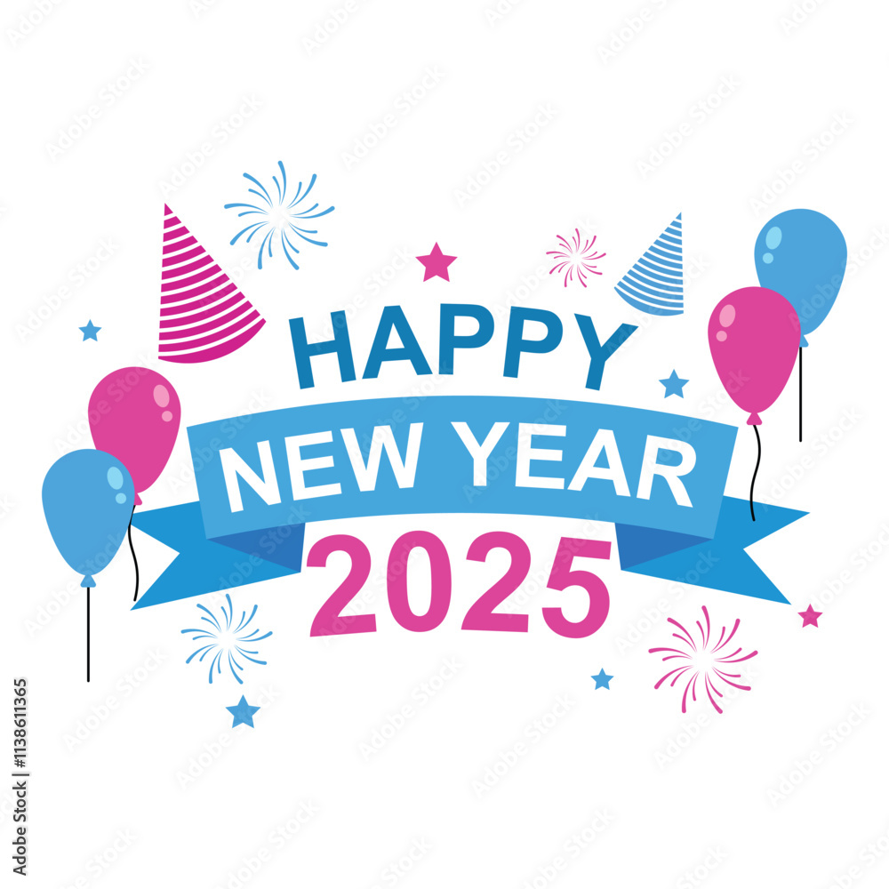 Happy New Year 2025 .Ribbon and Firework .balloons .Adobe Illustrator ...