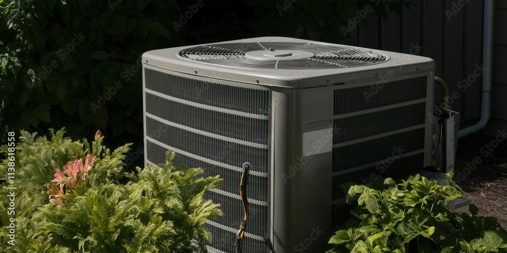 A modern air conditioning unit sits quietly nestled in green plants ...