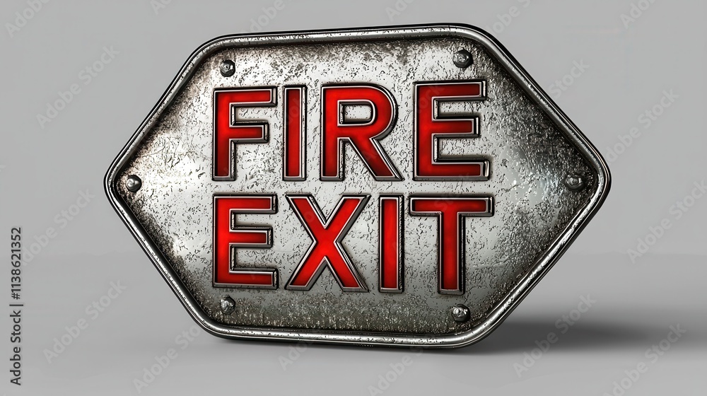 Metallic hexagonal "FIRE EXIT" sign in bold red letters with worn ...