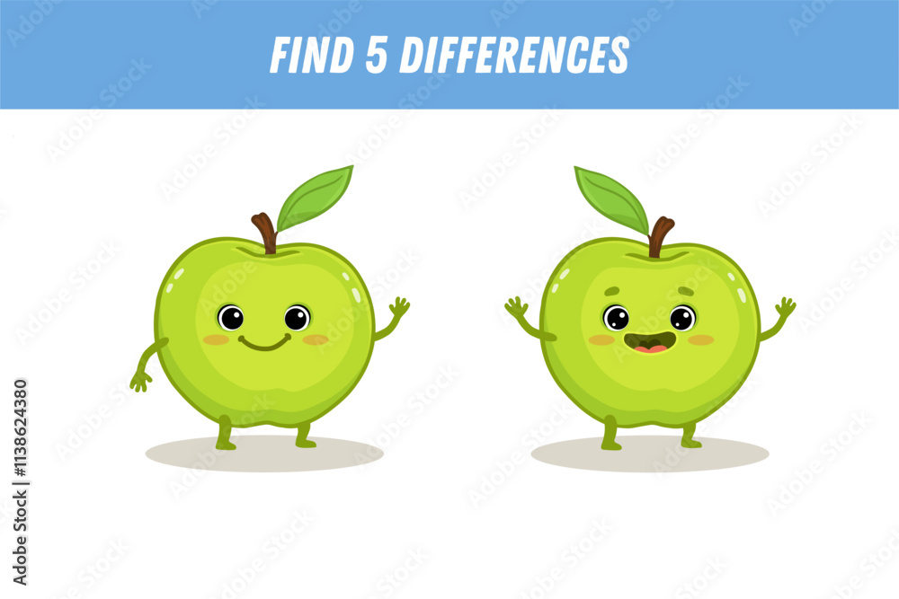 Find 5 differences between two pictures of cute apple. Cartoon green ...