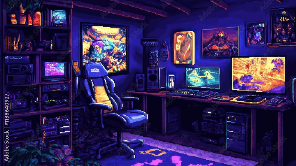 Pixel art gaming setup with monitor, desk, and futuristic cyberpunk ...