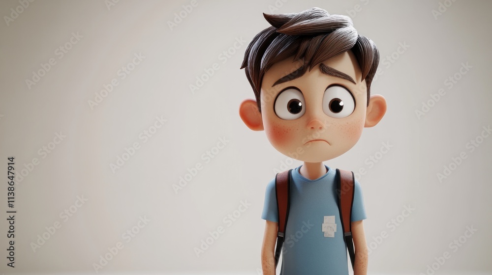 Sad School Student A 3D cartoon character of a young student with a sad ...