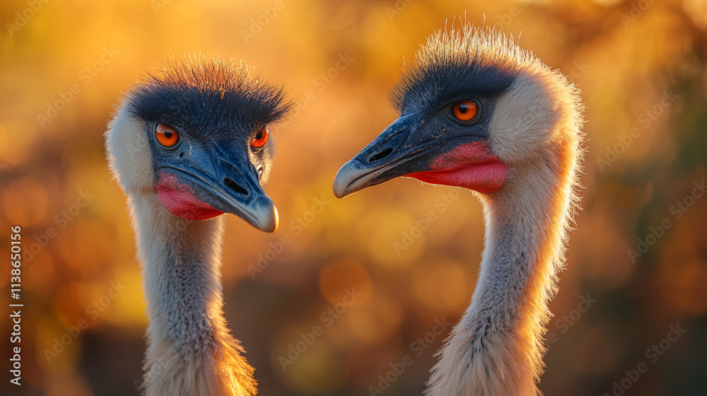 Two ostriches facing each other with their beaks open. The image has a ...