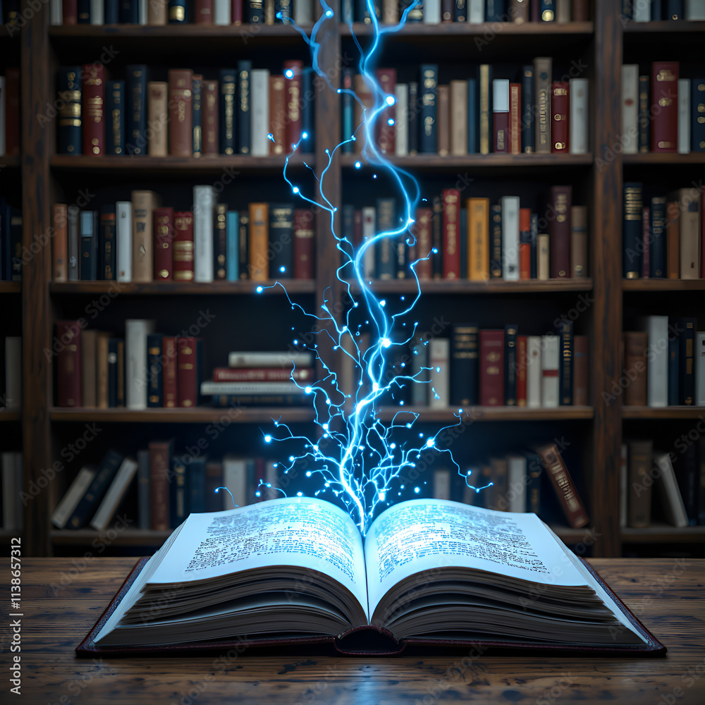 An enlightening journey through an open book with electric energy in a ...