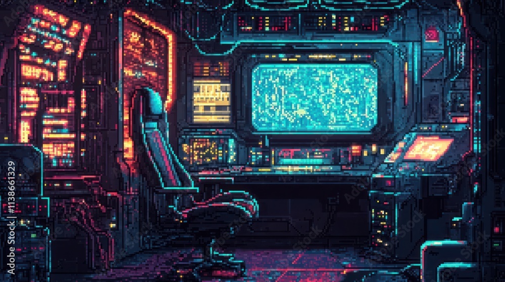 Pixel art futuristic gaming room with neon lights, ergonomic chair, and ...