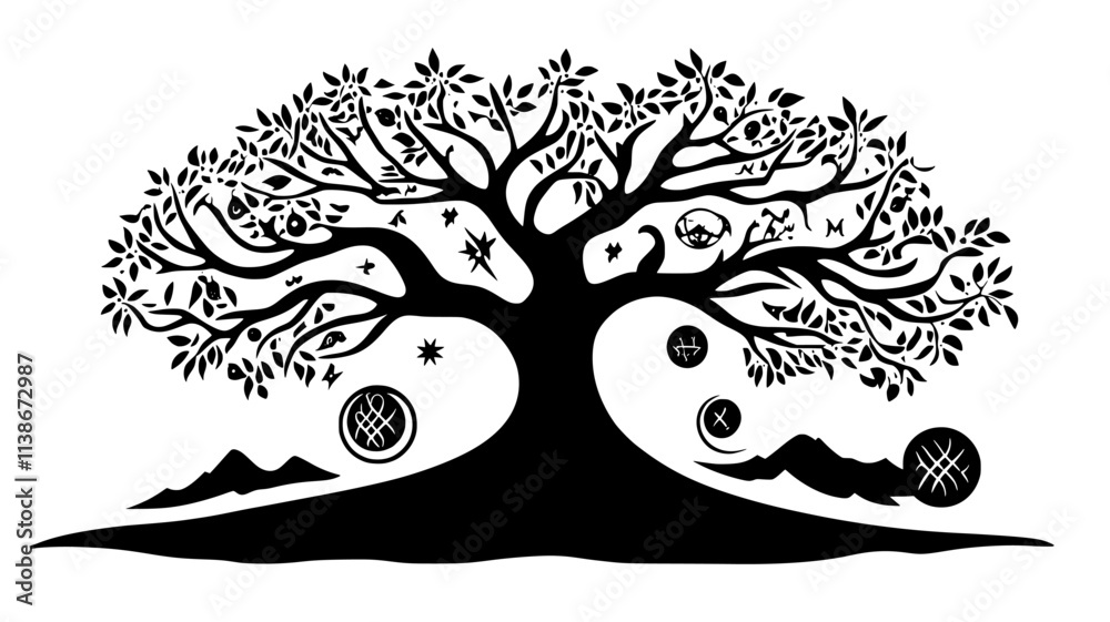Yggdrasil ash tree connecting the nine worlds in Norse mythology, Plant ...