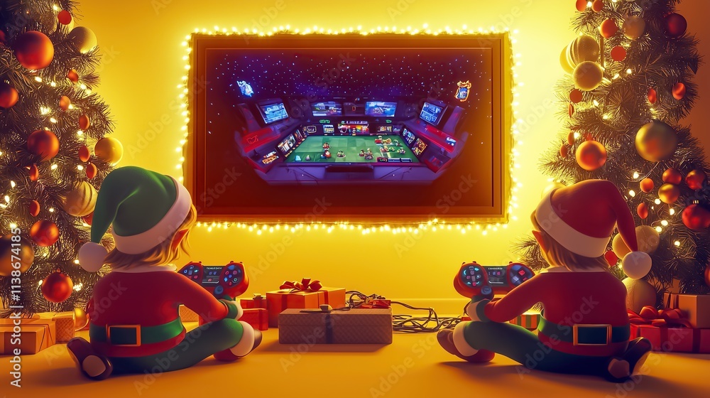 Stock-Illustration „Back view of Christmas elves playing video games on ...