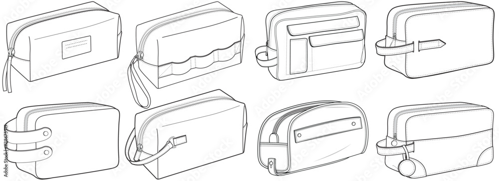 set of toiletry bags flat sketch vector illustration technical cad ...