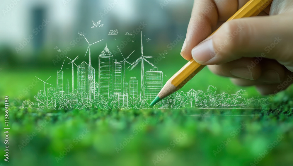 Child drawing outlines sustainability ecology save environment concept ...