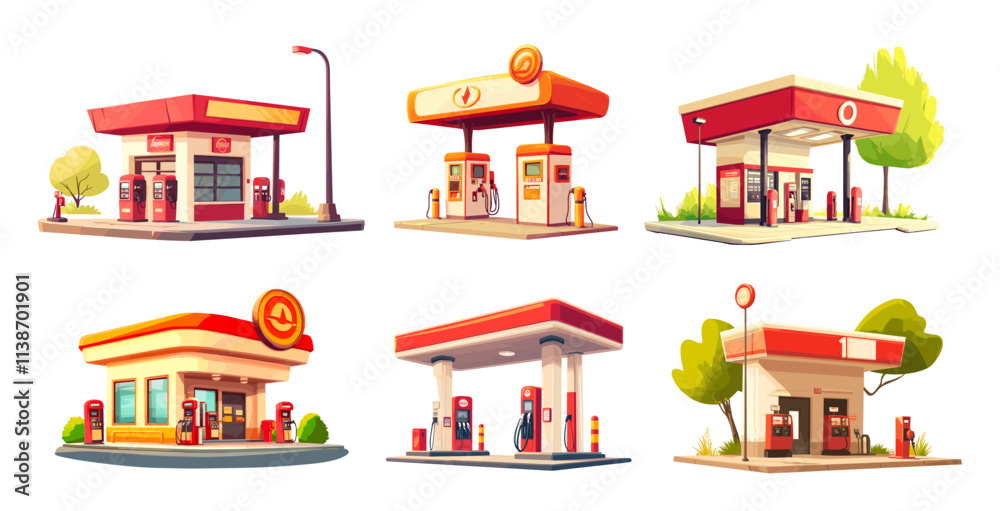 Cartoon gas stations. Petrol fuel filling station set, oil industry ...