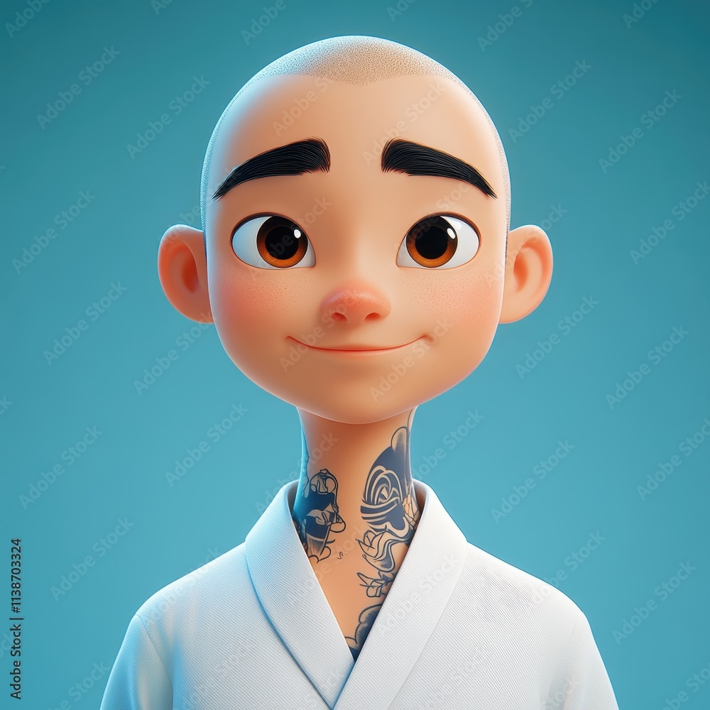 Professional 3D avatar of a bald Asian male social media content ...