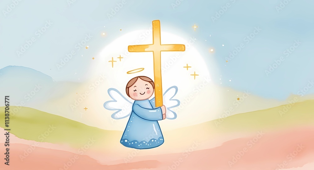 Cute elementary kids art of simple cartoon character holding cross ...