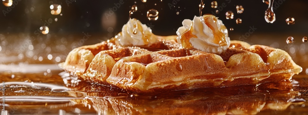 Waffle syrup breakfast belgian honey white isolated background flying ...