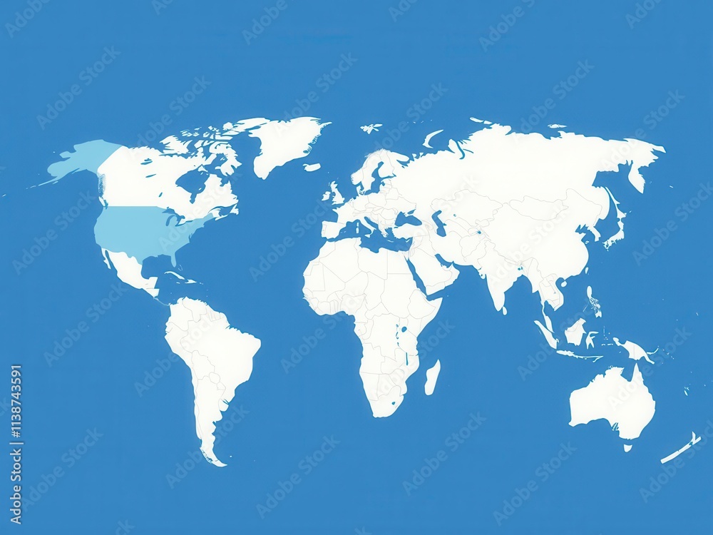 World political map in blue and white colors with clear borders and ...