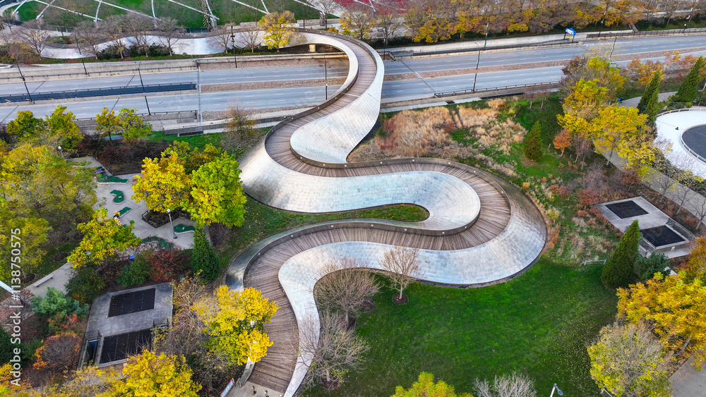 Aerial view of Maggie Daly Park Curving Paths of Maggie Daley Park in ...