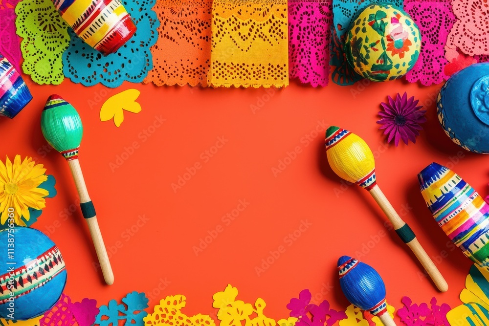 Fiesta Greeting Card Template with Colorful Papel Picado and Maracas ...