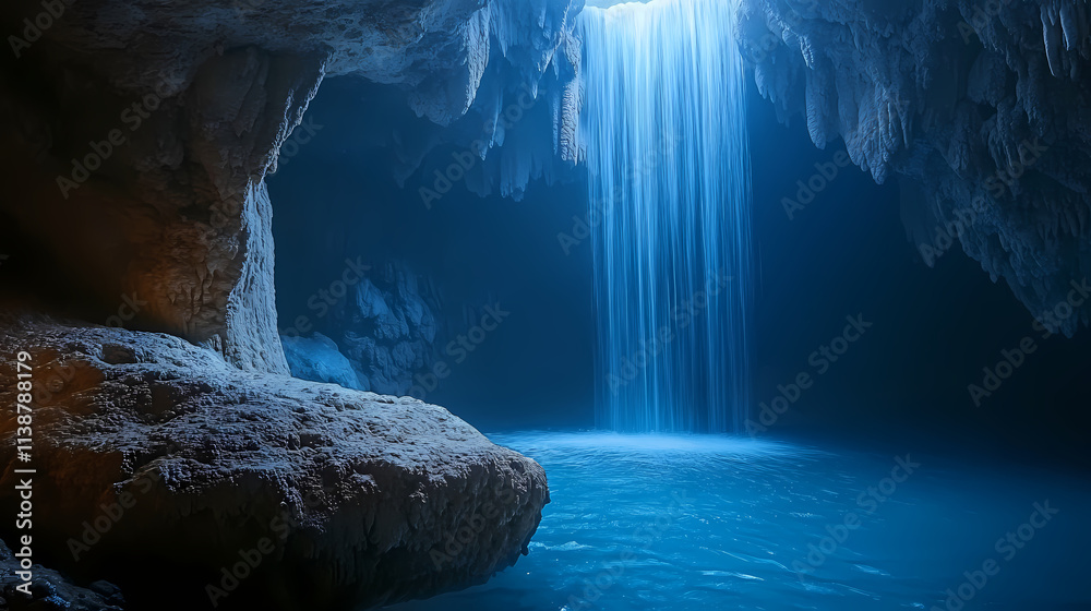 Mystical waterfall cascading through an ancient cavernous landscape ...