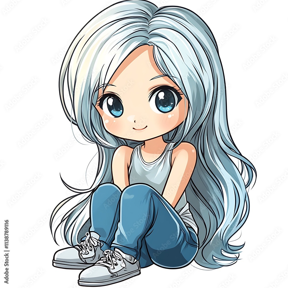 Cute anime girl sitting, chibi style. Concept of kawaii, anime, and ...