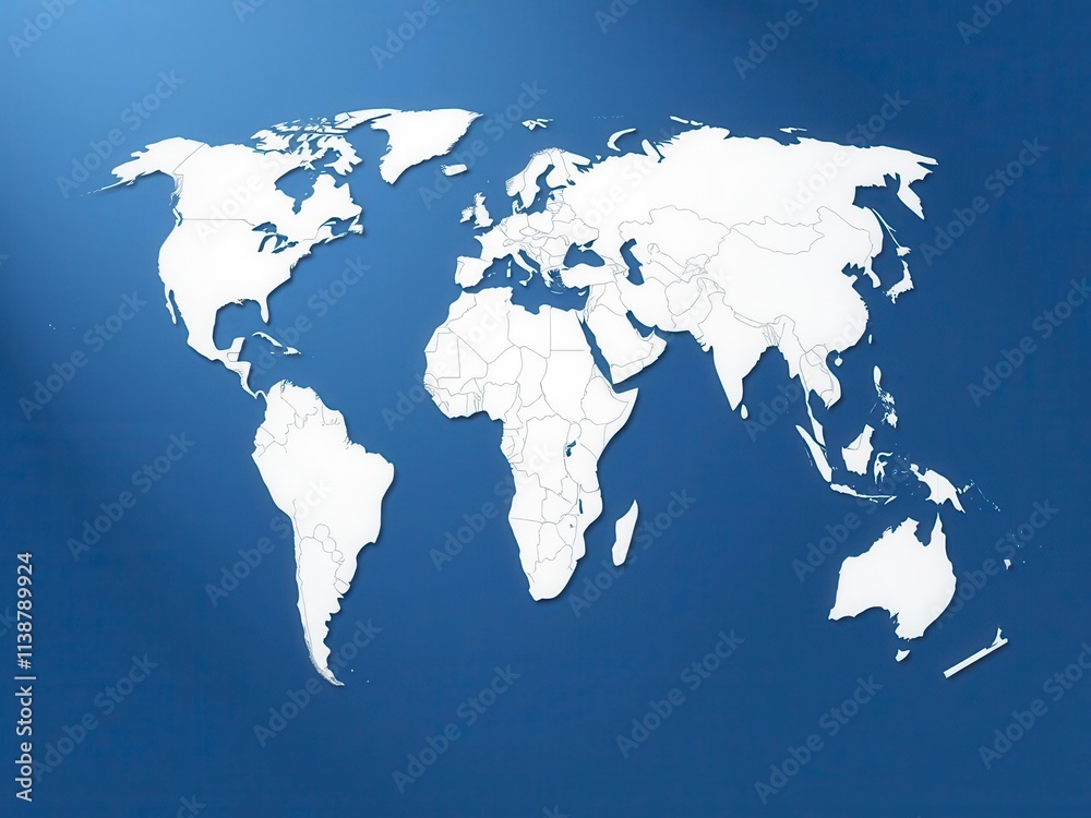 World political map with blue and white colors, highlighting countries ...