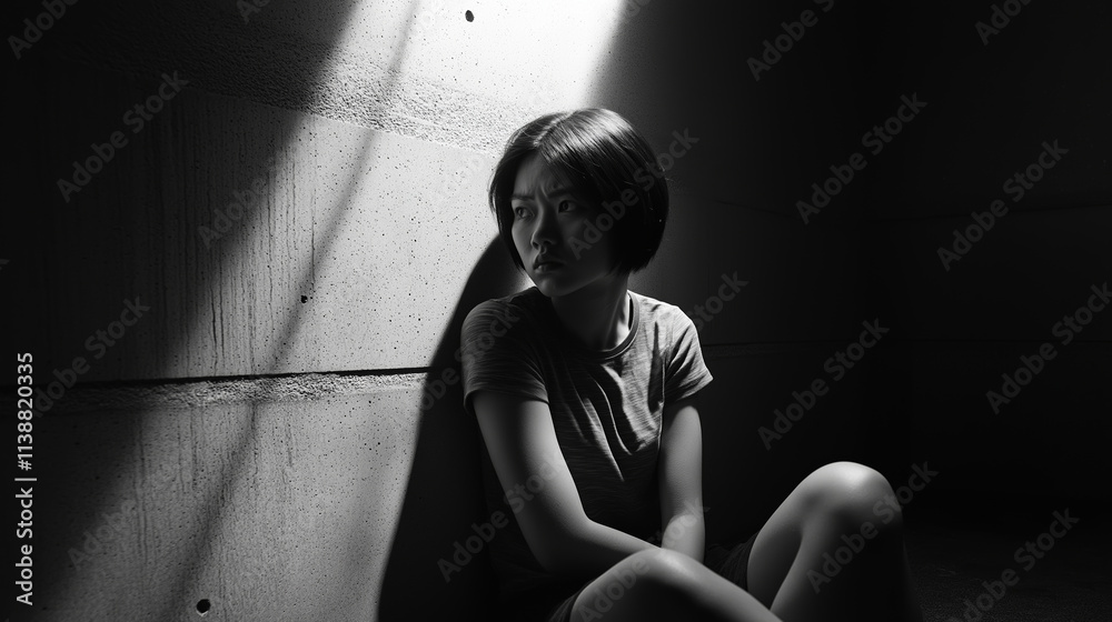Sad young asian woman sitting on the floor of her dark cell, leaning ...