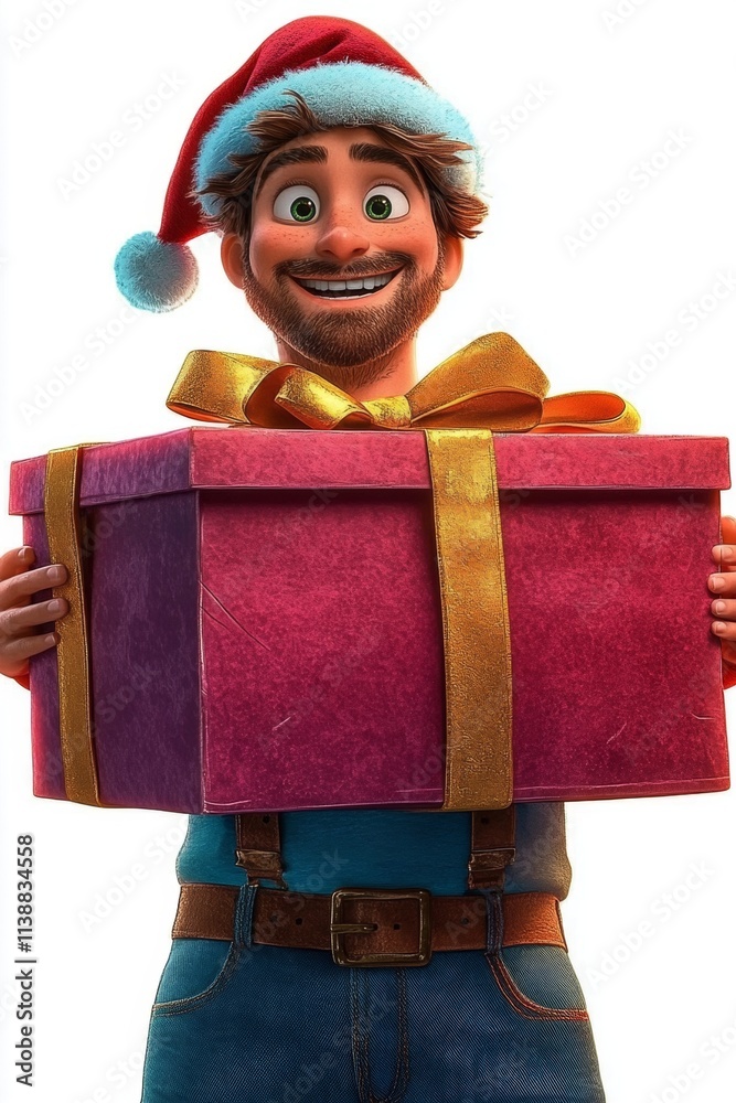 Elation grown-up man in a red santa cap with huge christmas season box ...