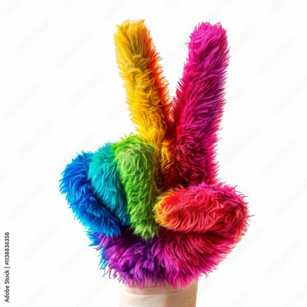 Rainbow fur hand showing peace gesture, soft short hair texture ...
