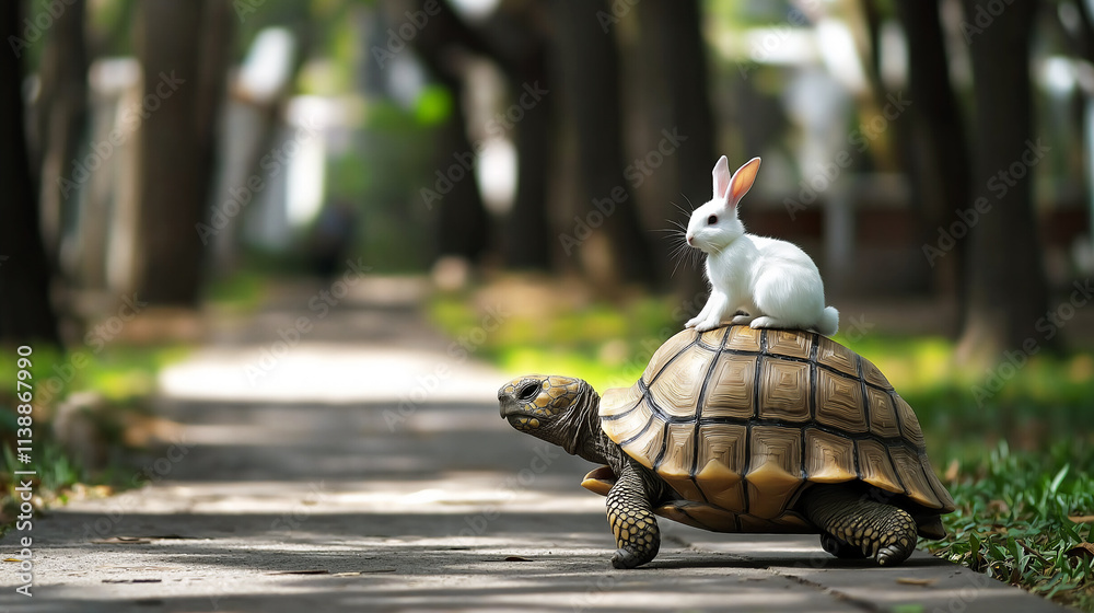 Side view of green tortoise running with white rabbit on back, park ...